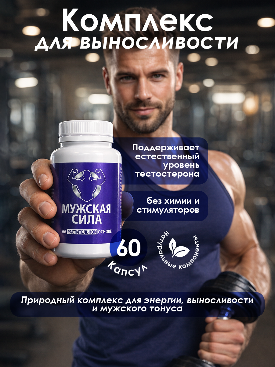Пищевая добавка Мужская Сила, для поддержки тестостерона и выносливости, натуральный состав, 60 капсул