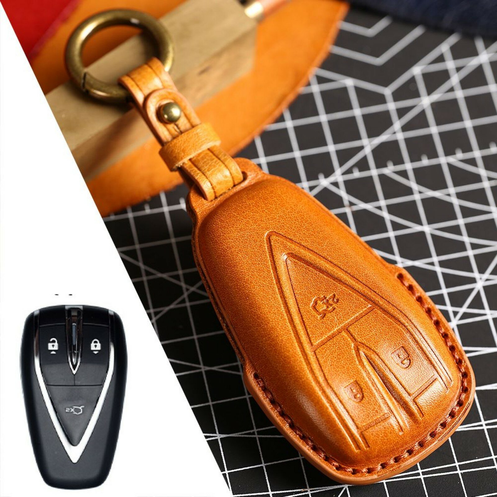 Кожаный чехол MyPads для ключа Changan CS75 X7 Cs55 Cs75plus, желтый, натуральная кожа, с брелком