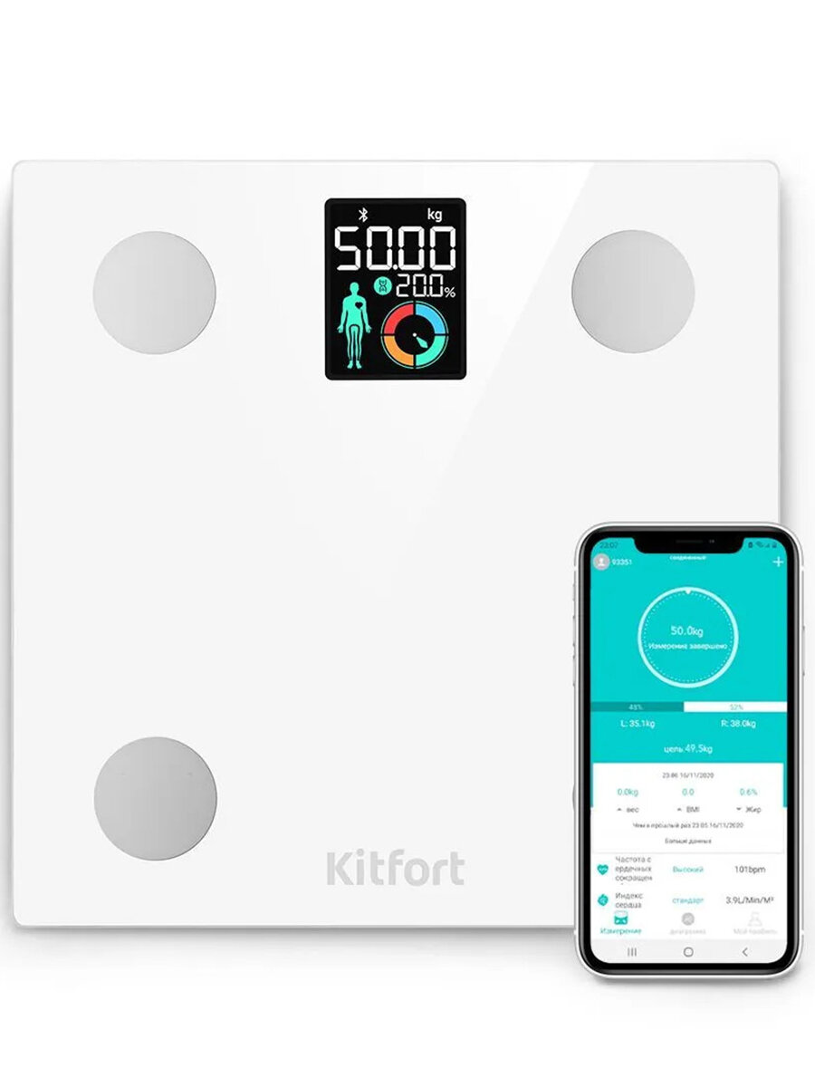 Весы напольные Kitfort KT-838 электронные, до 180 кг, память на 10 пользователей, синхронизация со смартфоном через Bluetooth, диагностические функции, белый