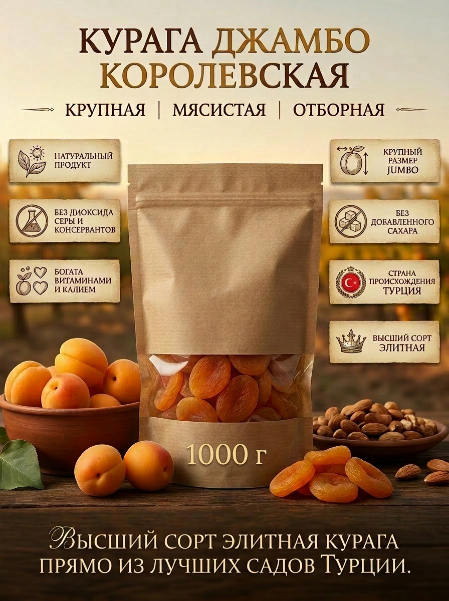 Курага джамбо королевская отборная, сушеный абрикос, желтая (Турция) 1000 г