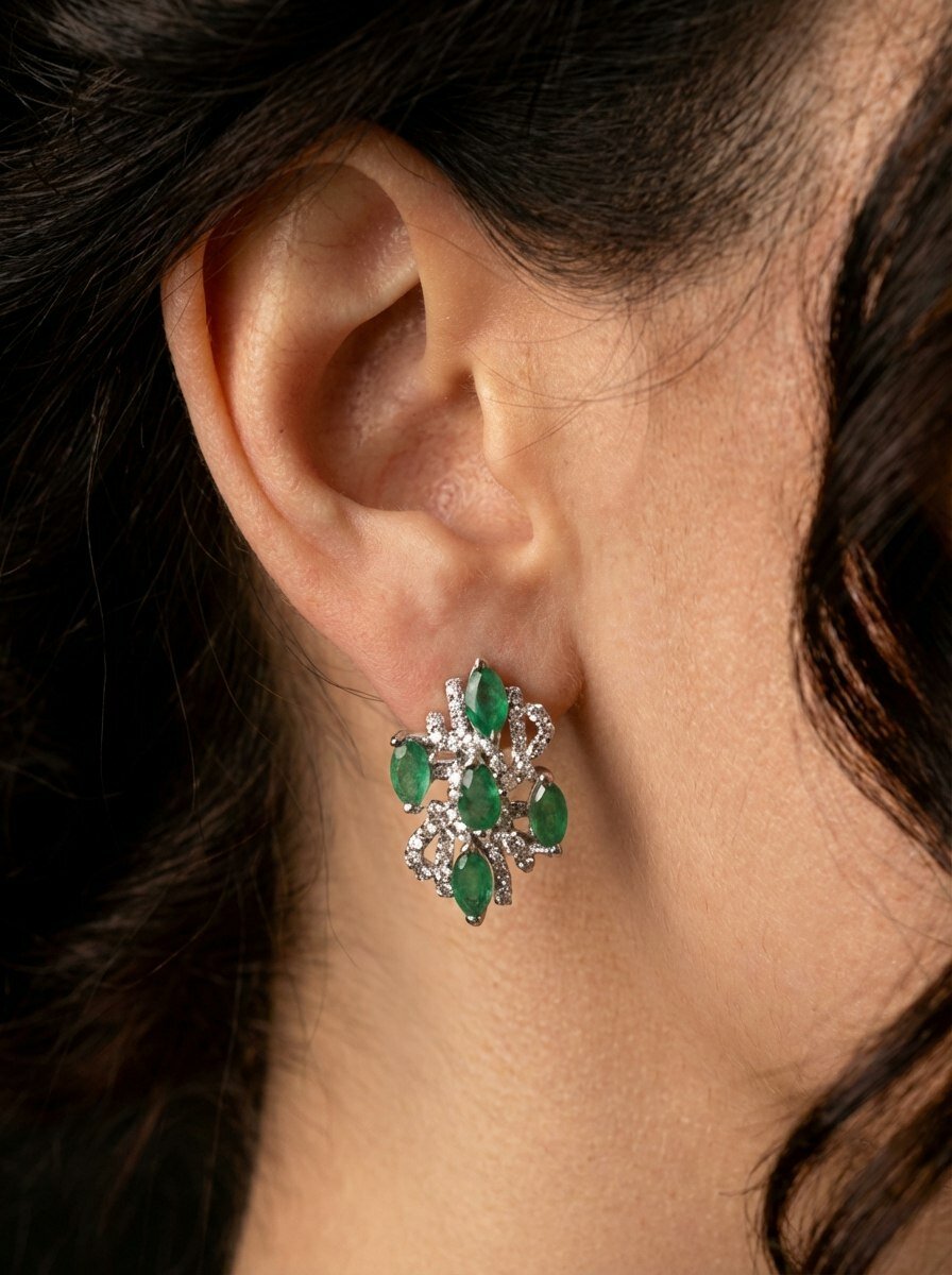 Серьги, серебро, 925 проба, родирование, изумруд, берилл, фианит