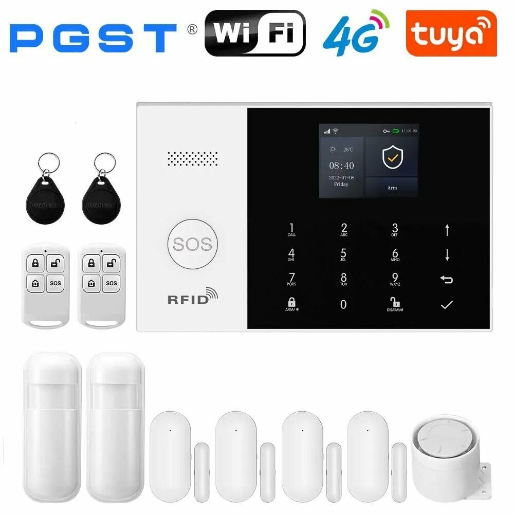 Сигнализация PGST для умного дома: Wi-Fi/GSM/4G, управление Tuya, комплект с датчиками