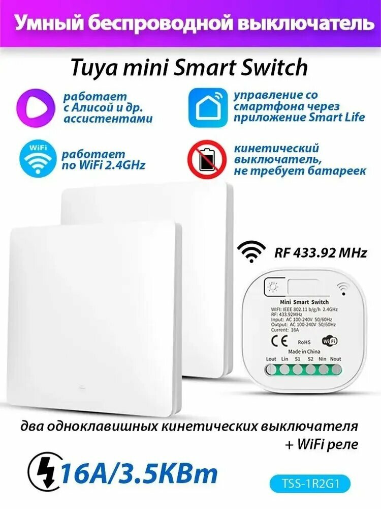 Беспроводной выключатель с Wi-Fi и RF433мГц одноклавишный, умный кинетический беспроводной выключатель 2шт + умное реле