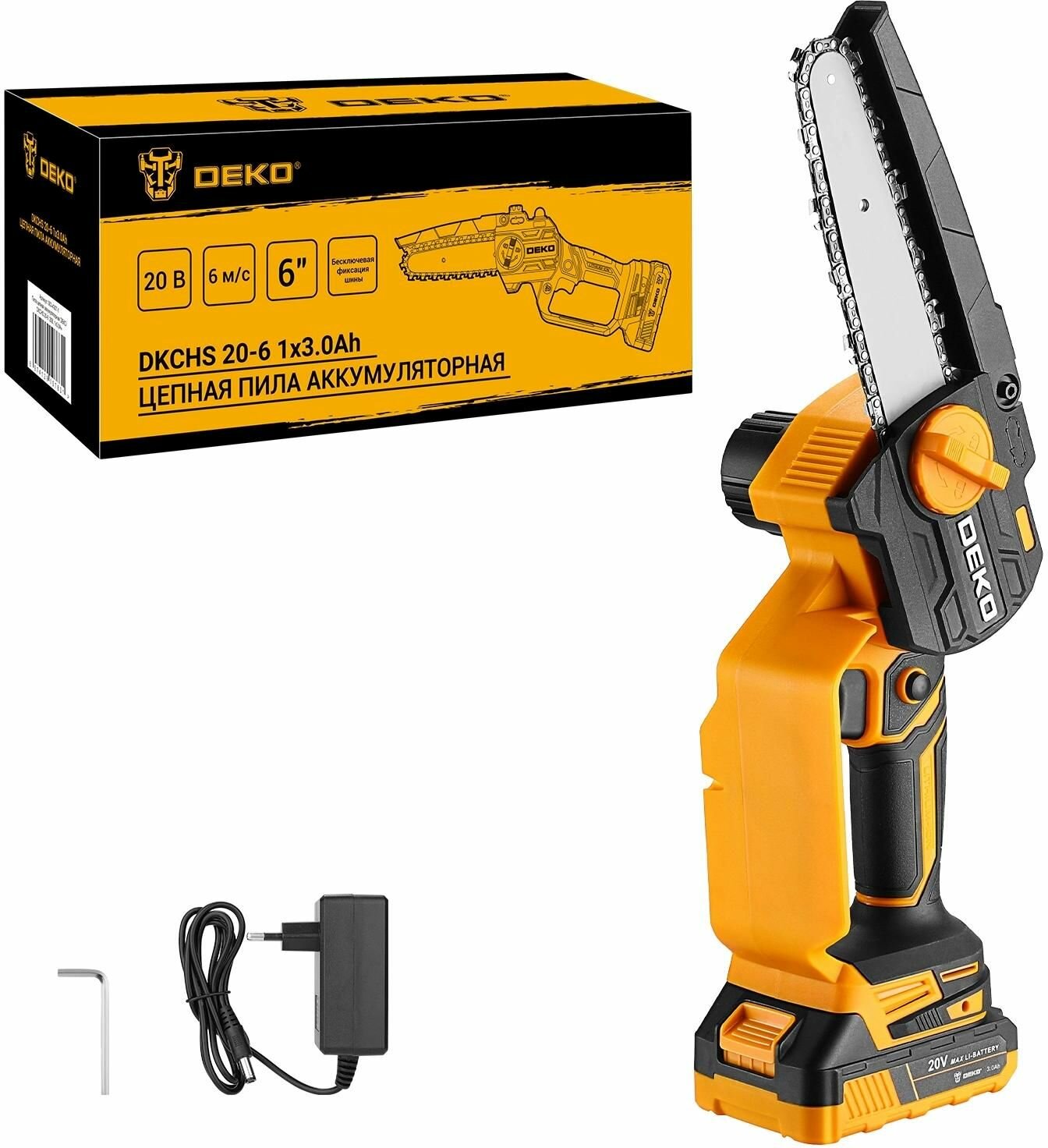 Цепная пила DEKO DKCHS 20-6 аккумуляторная, длина шины 6", 15. 2 см, 1 аккумулятор 3Ач ЗУ (063-4307-1)