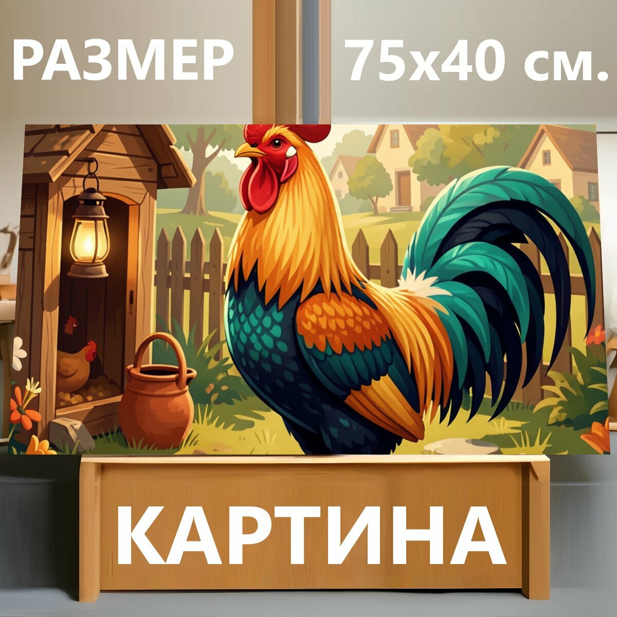 Картина на холсте "Петух в деревенском дворе. Яркий мультяшный петух с пышным хвостом стоит на тропинке у курятника в уютном саду. Тёплые." на подрамнике 75х40 см. для интерьера