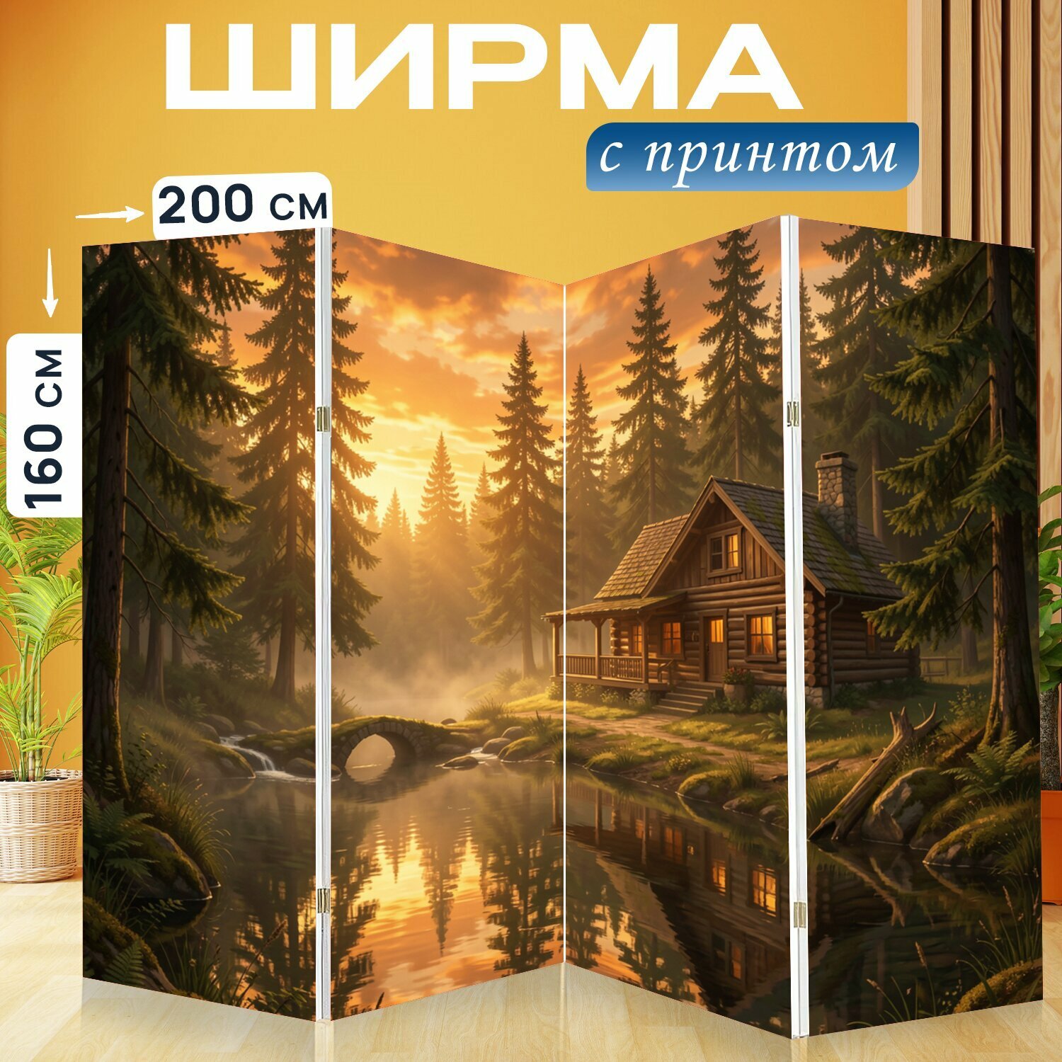 Ширма "Лесной домик у реки на закате. Уютная деревянная хижина среди высоких хвойных деревьев, тихая вода с." перегородка для зонирования комнаты с принтом 200x160 см. на холсте