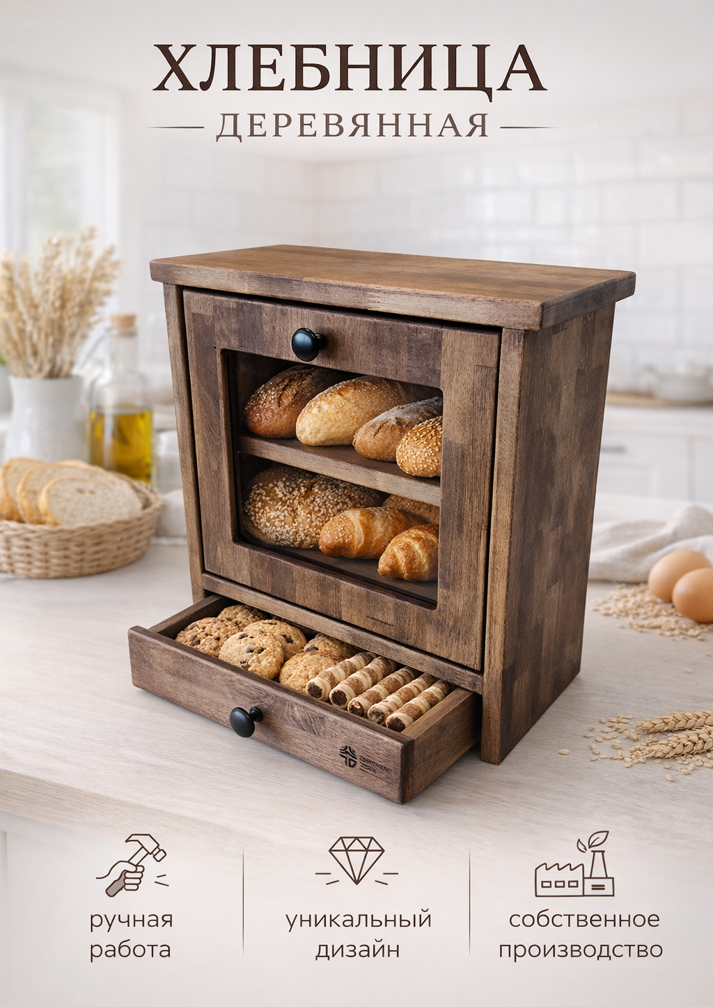 Хлебница деревянная, двухуровневая, хлебница из массива дерева, премиум качество