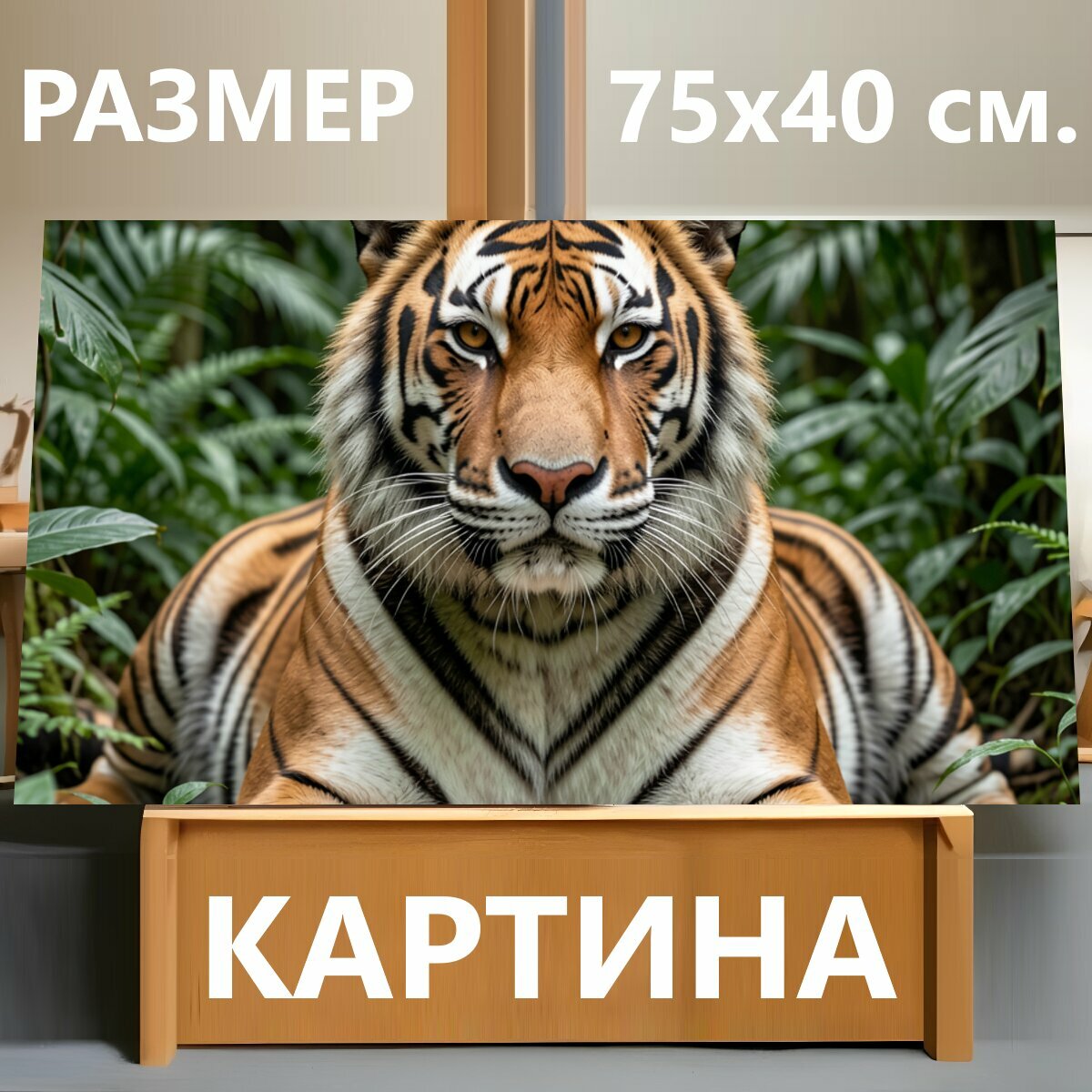 Картина на холсте "Тигр в тропических джунглях. Реалистичный крупный хищник, лежащий среди густой зелени влажных джунглей. Оранжево-черный." на подрамнике 75х40 см. для интерьера