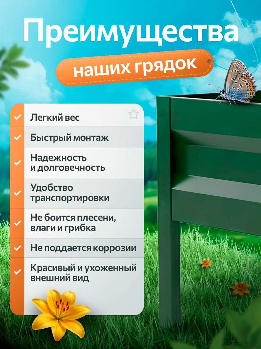 Грядка оцинкованная 6 м на 0.65 м высота 20 см для сада, огорода и дачи с полимерным покрытием, цвет: зеленый мох