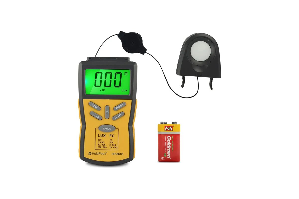 Люксметр HoldPeak HP-881C профессиональный измеритель освещённости от 0,1 до 200 000 Люкс с кремниевым фотодиодом, автокалибровка, ЖК‑дисплей подсветкой