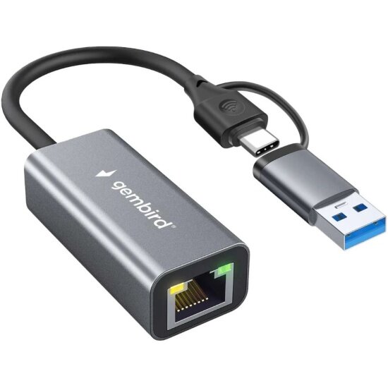Сетевой адаптер Gembird NIC-U7 Ethernet, USB 3.0 + Type-C - Gigabit Ethernet adapter, алюминий, RTL8153