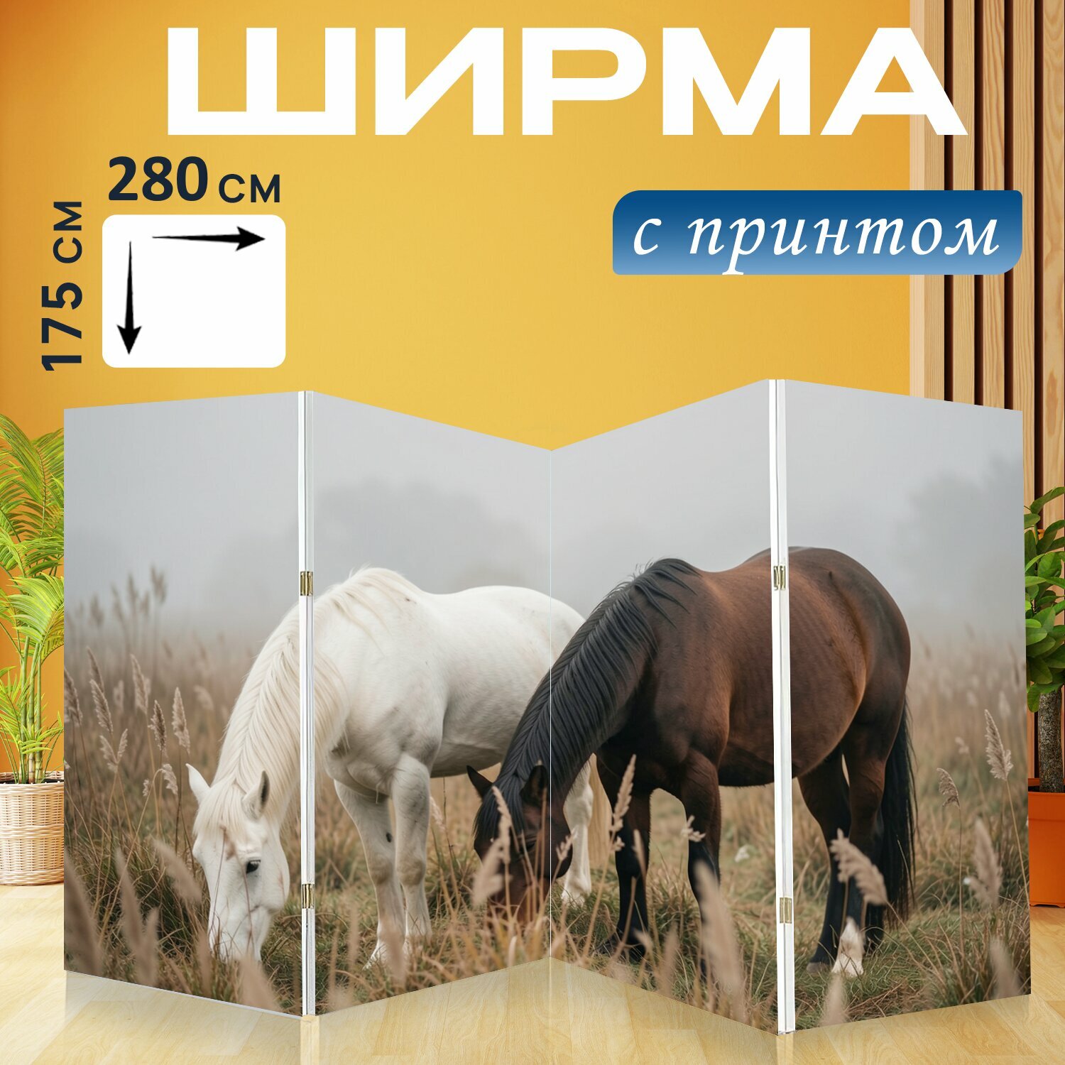 Ширма "Две лошади в туманном поле. Белый конь и гнедая кобыла пасутся в высокой сухой траве на фоне утреннего." перегородка для зонирования комнаты с принтом 280x175 см. на холсте