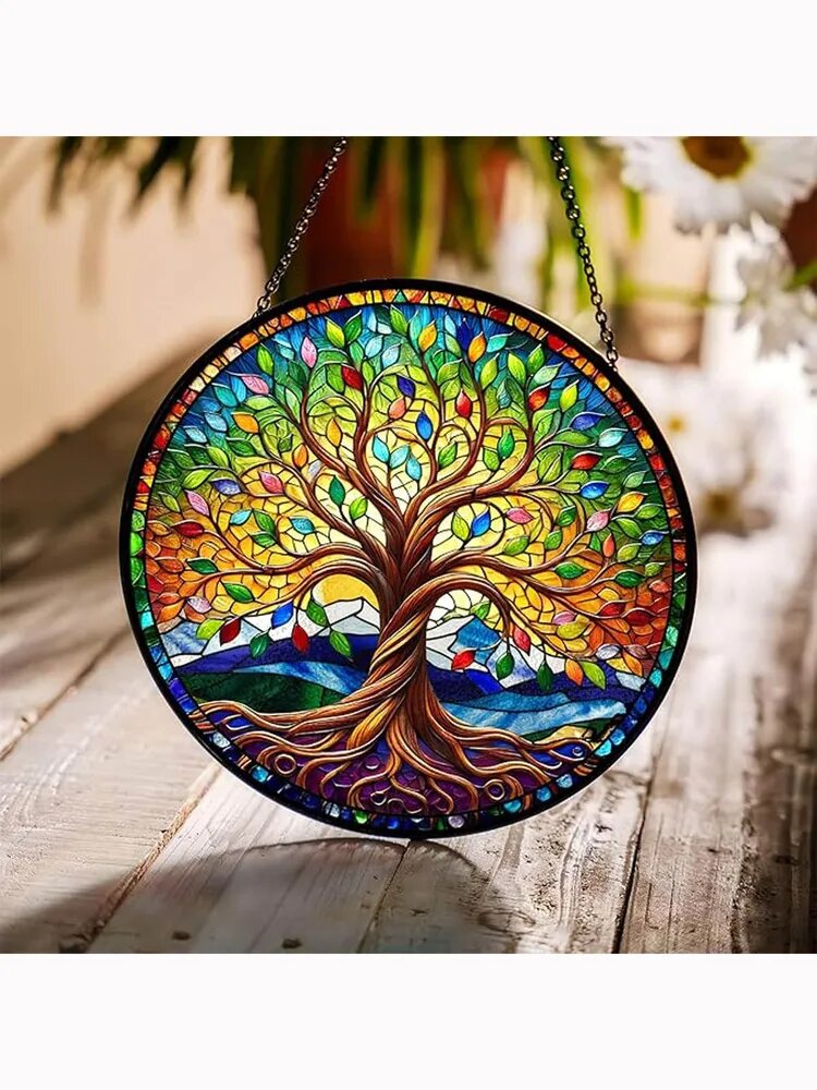 Витражный ловец солнца дерево жизни 15 см для окна, стеклянная панель