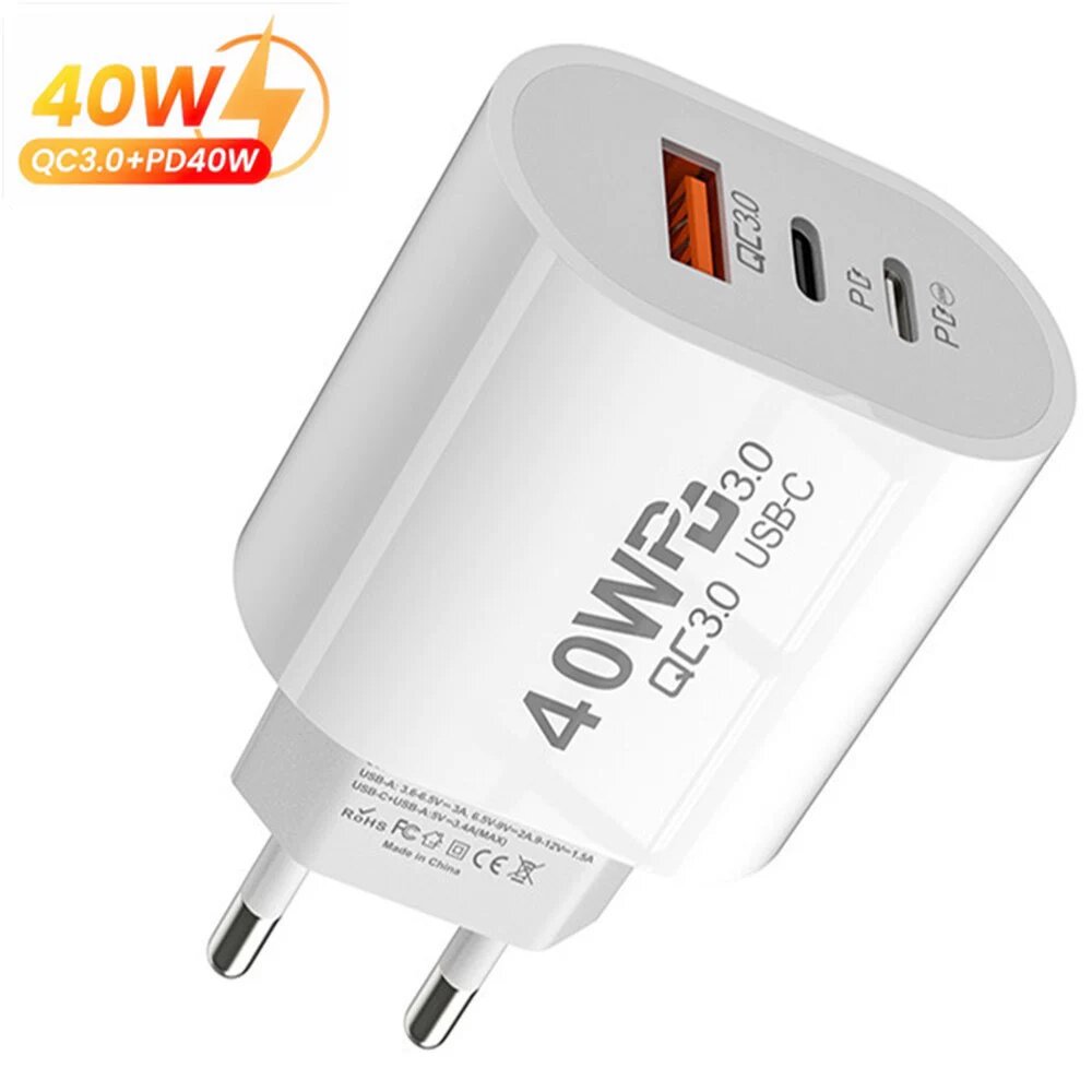 Европейская розетка 40 Вт GaN USB-C мульти-порт быстрая зарядка для iPhone, Huawei, Xiaomi, OPPO, Android устройств,