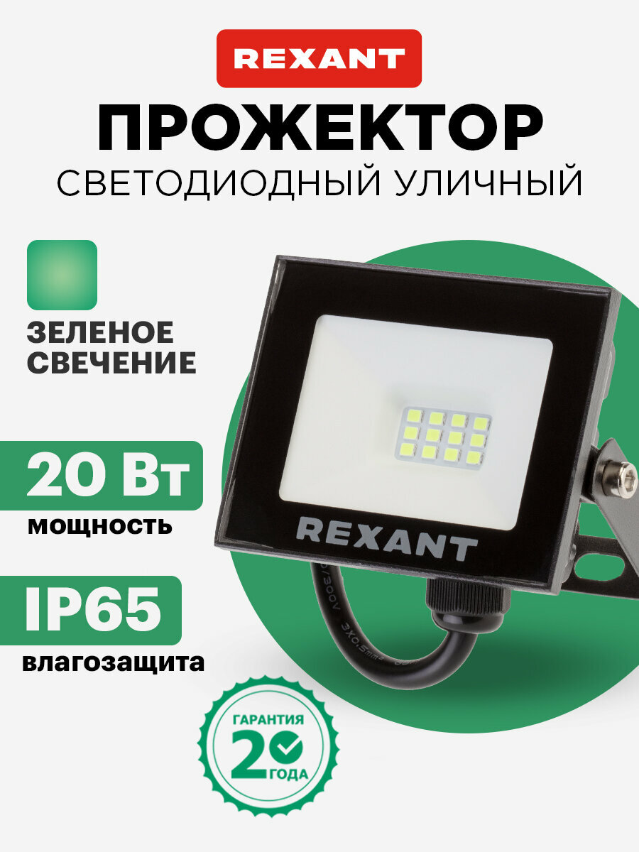 Прожектор светодиодный уличный садовый REXANT 20 Вт с зеленым свечением и площадью освещения до 20 м2