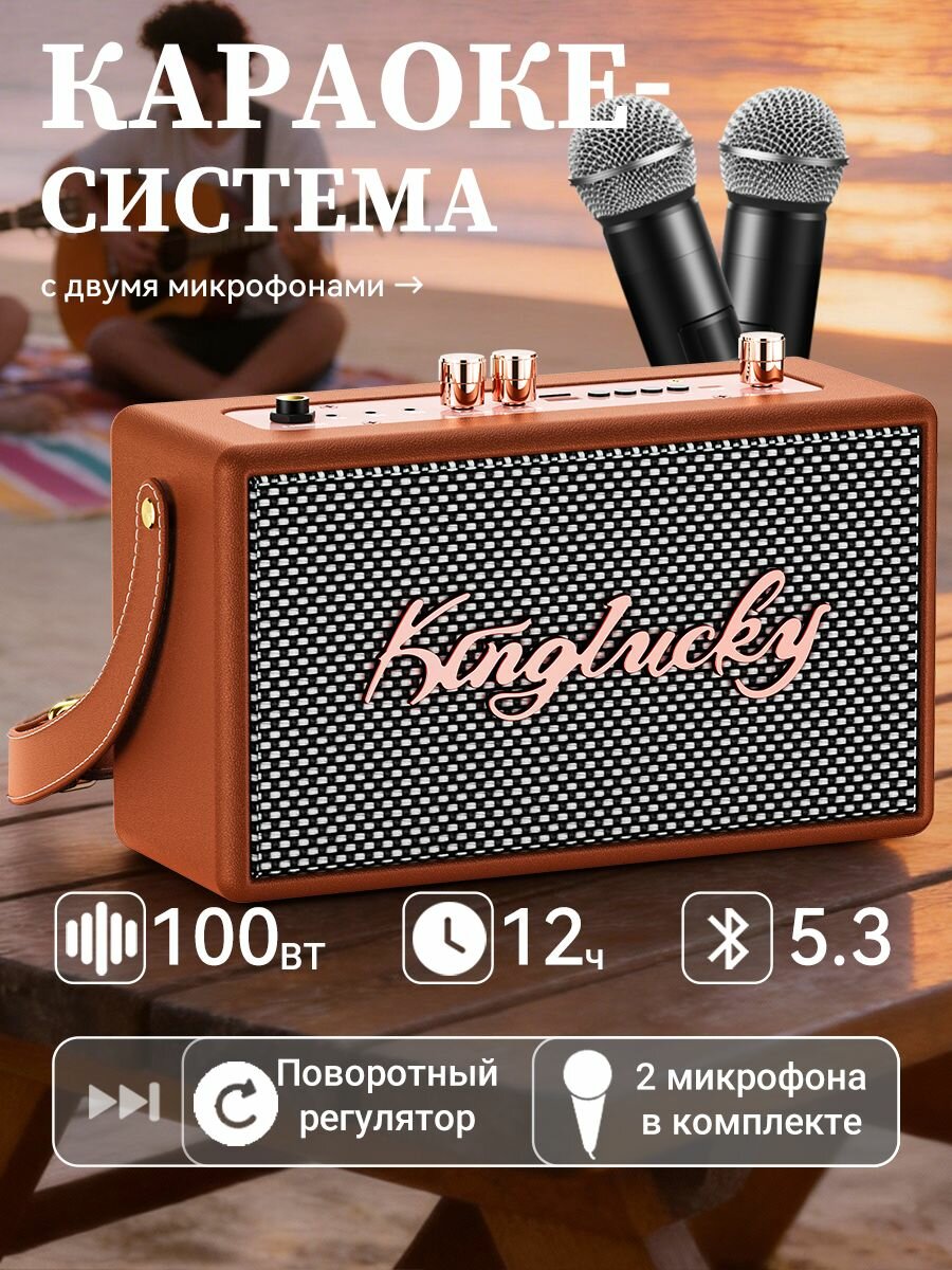 Портативная беспроводная bluetooth-колонка с караоке-системой и двумя микрофонами до 12 часов автономной работы, поддержка TF-карты, интерфейсы: 3,5 мм/usb/type-c, повседневная водостойкость