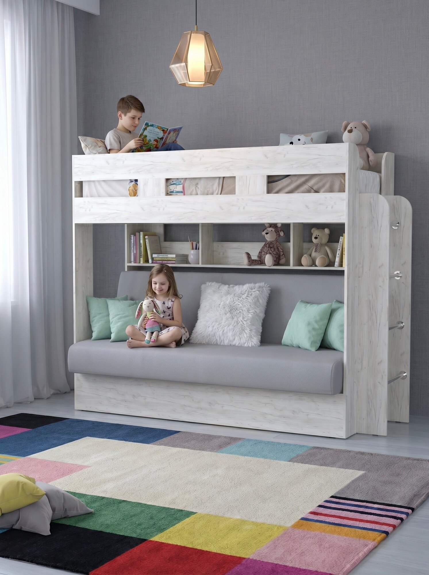 Кровать двухъярусная с диваном DobroMeb, двухместная ЛДСП, Цвет дуб крафт белый