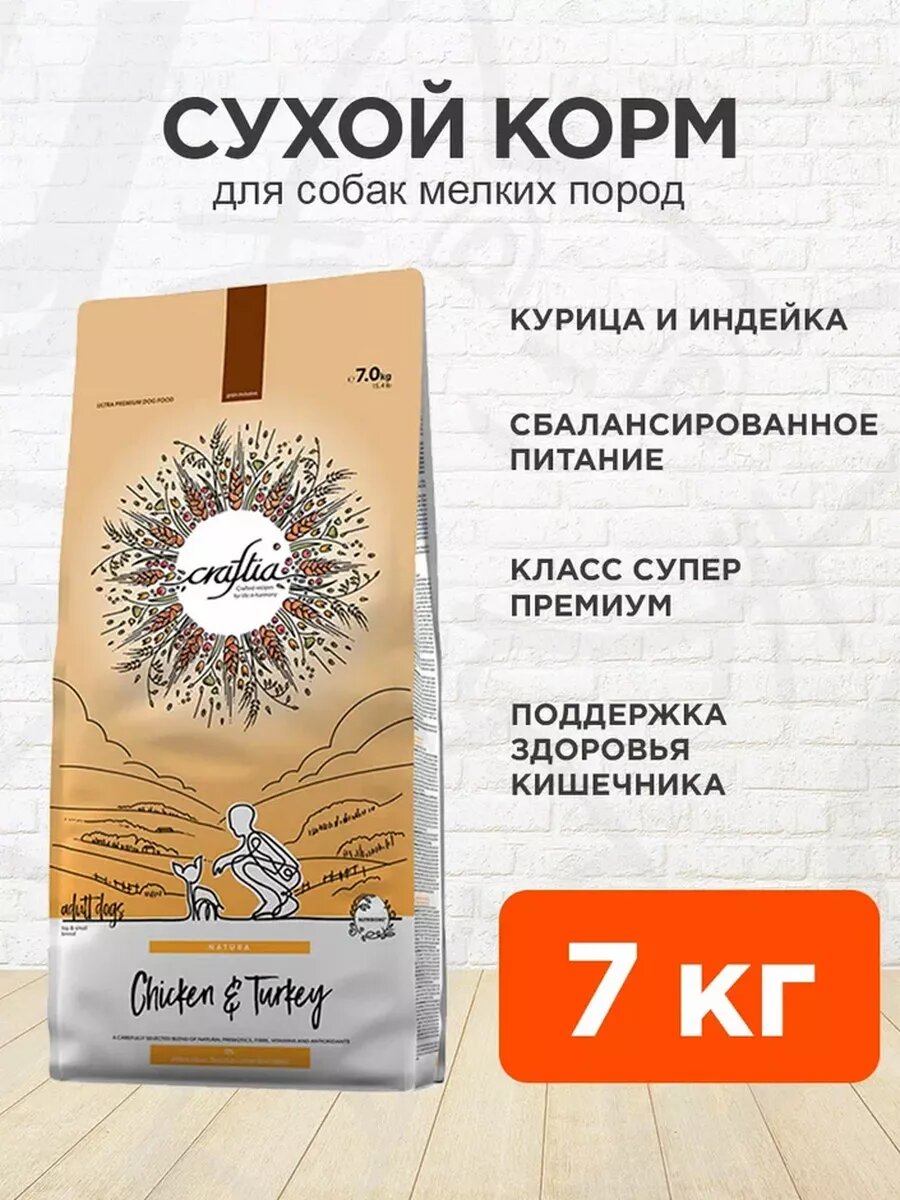 Корм сухой Craftia Natura Adult Dog Toy&Small Breed Chicken&Turkey мелких собак с курицей и индейкой, 7 кг