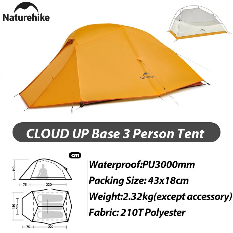 Палатка для кемпинга Naturehike New Cloud Up Base для 1, 2, 3 человек: легкая, водонепроницаемая, для походов, велосипедных поездок и путешествий, оранжевая, 3P