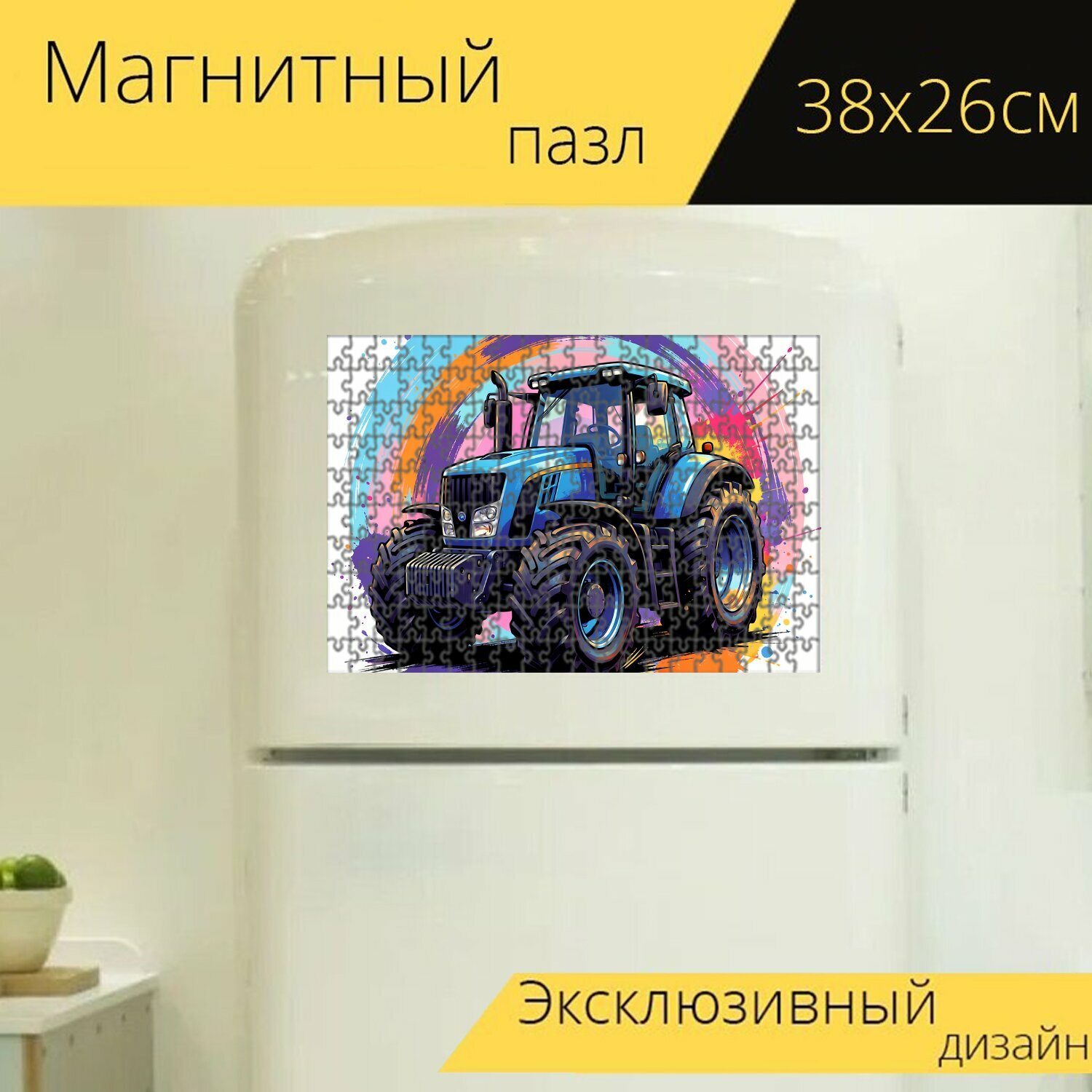 Магнитный пазл "Синий трактор в ярком абстрактном круге. Мощная сельхозмашина в современном цифровом стиле, крупные колеса, динамичные мазки." для интерьера, 38х26 см.
