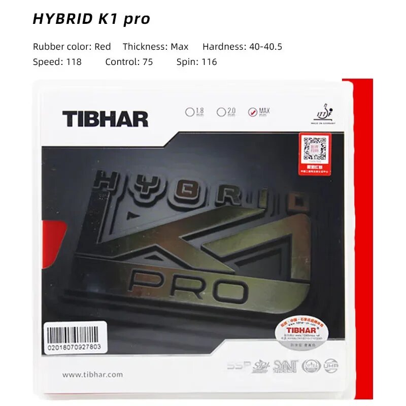 Tibhar Hybrid K1 Pro Red, Max, 40-40.5, Speed: 118, Control: 75, Spin: 116