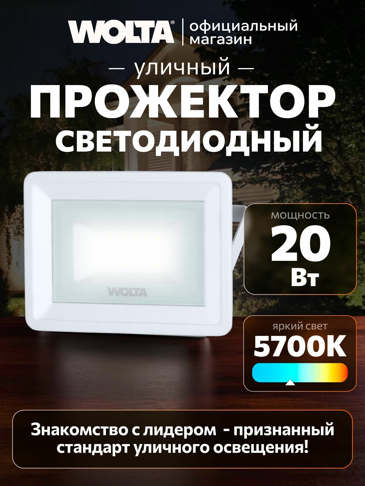 Прожектор светодиодный уличный 20Вт, 1800 Лм, 5700К, влагозащита IP65