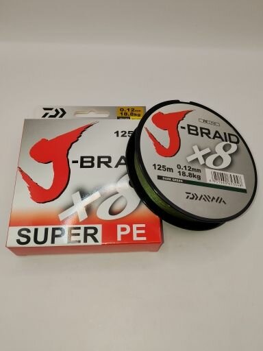 Шнур плетеный Daiwa J-Braid X8 0.12 мм, 125 м, темно-зеленый, высокая прочность, низкая растяжимость, износостойкость для спиннинга и джига