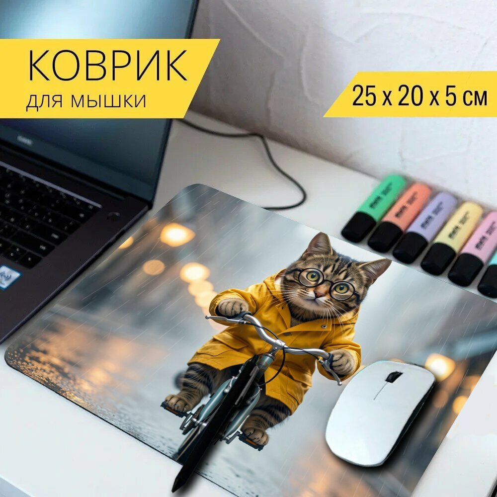 Коврик для мыши с принтом "Кот на велосипеде в дождь. Полосатый усатый герой в круглых очках и жёлтом плаще едет по мокрой улице ночью, мягкий городской свет, капли дождя." 25x20см.