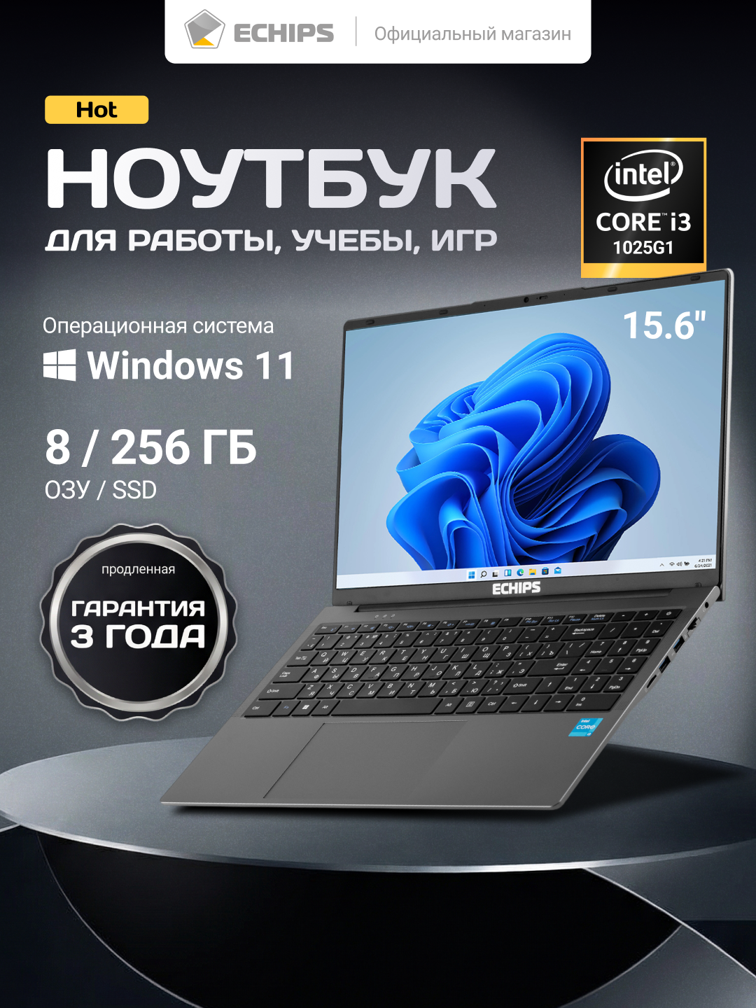 Ноутбук ECHIPS Hot 15.6", 8ГБ 256ГБ, Core i3-1025, для работы и учебы с windows