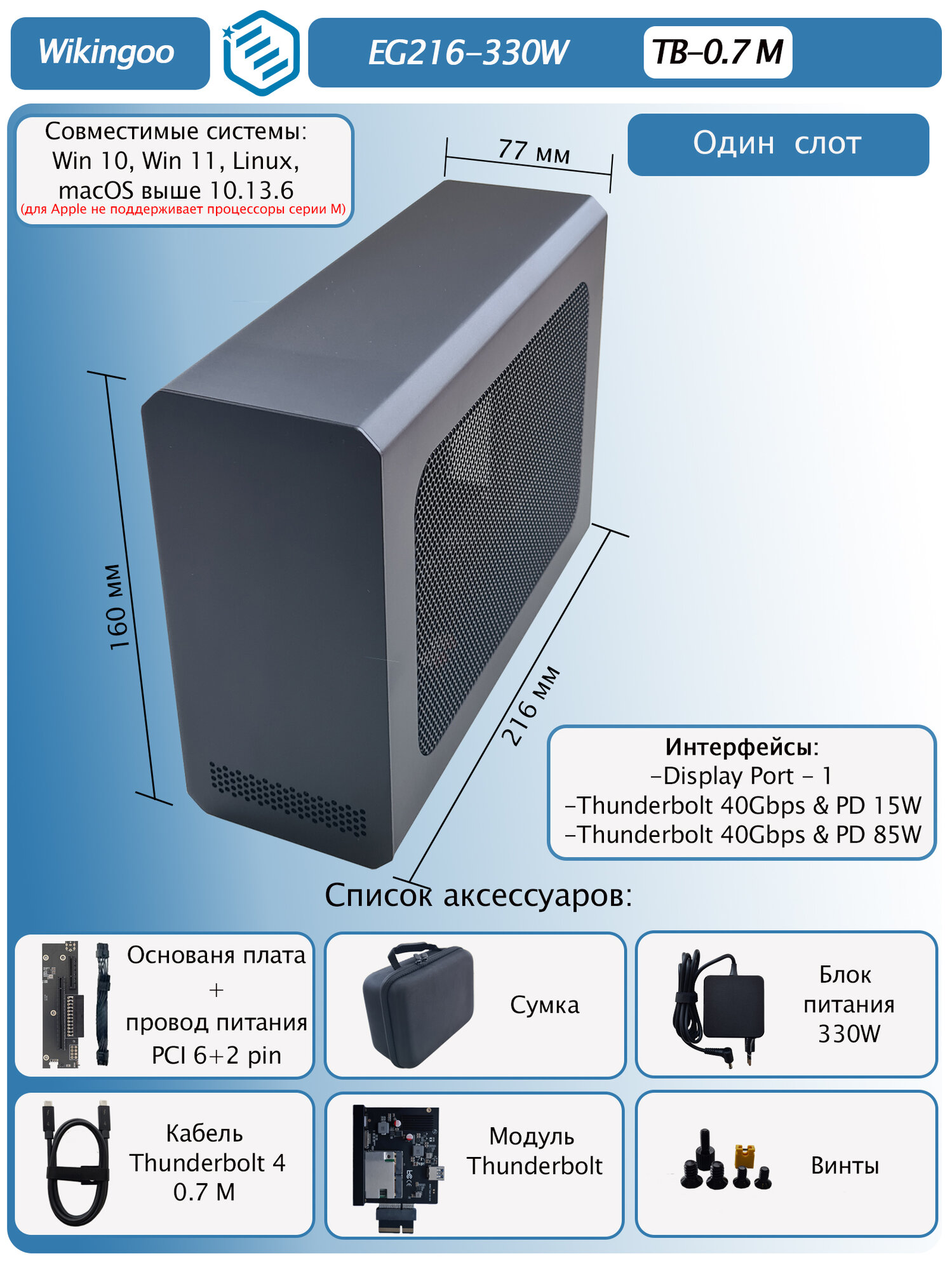 Внешний корпус для видеокарты Wikingoo EG216 - 330W, EGPu. Thunderbolt 3/4.