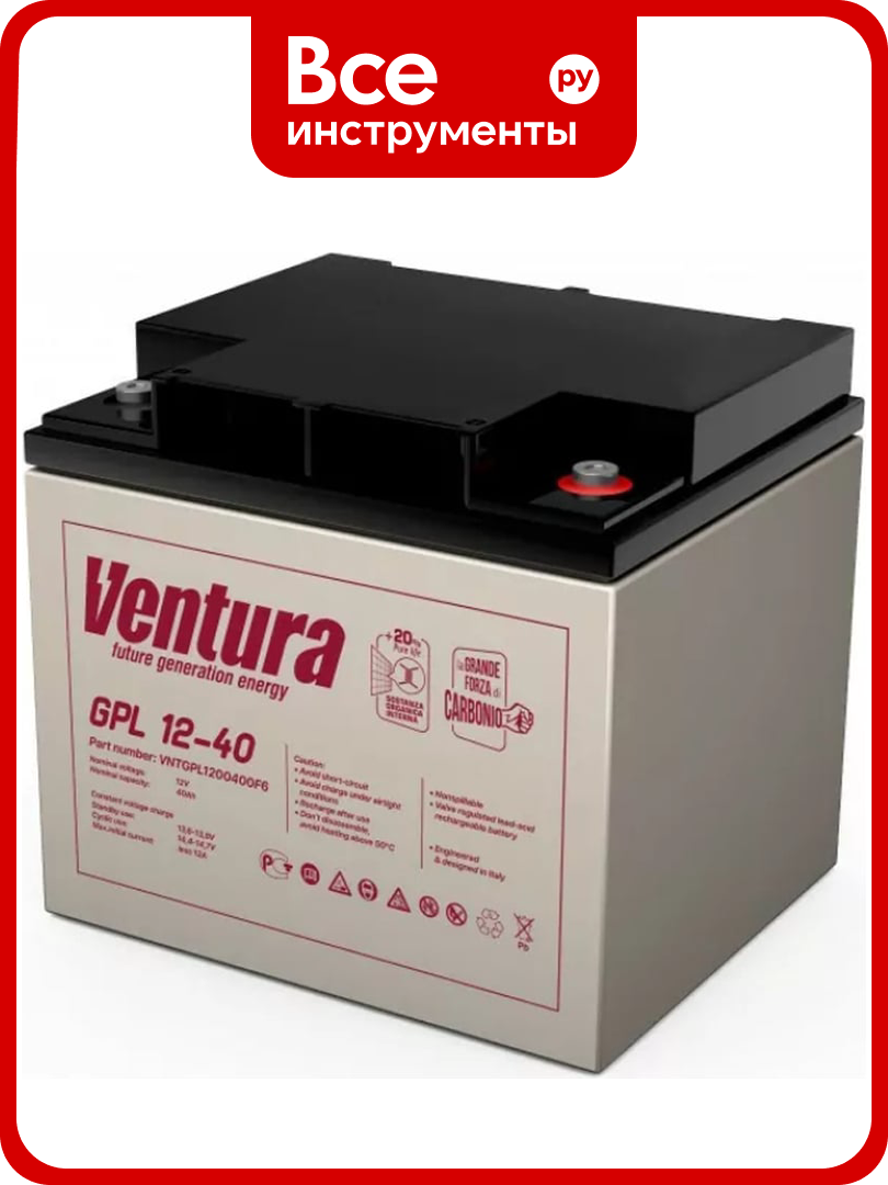 "Аккумуляторная батарея Ventura GPL 12-40, 12 В, 47 Ач, AGM технология, обратная полярность, компактные размеры для наде