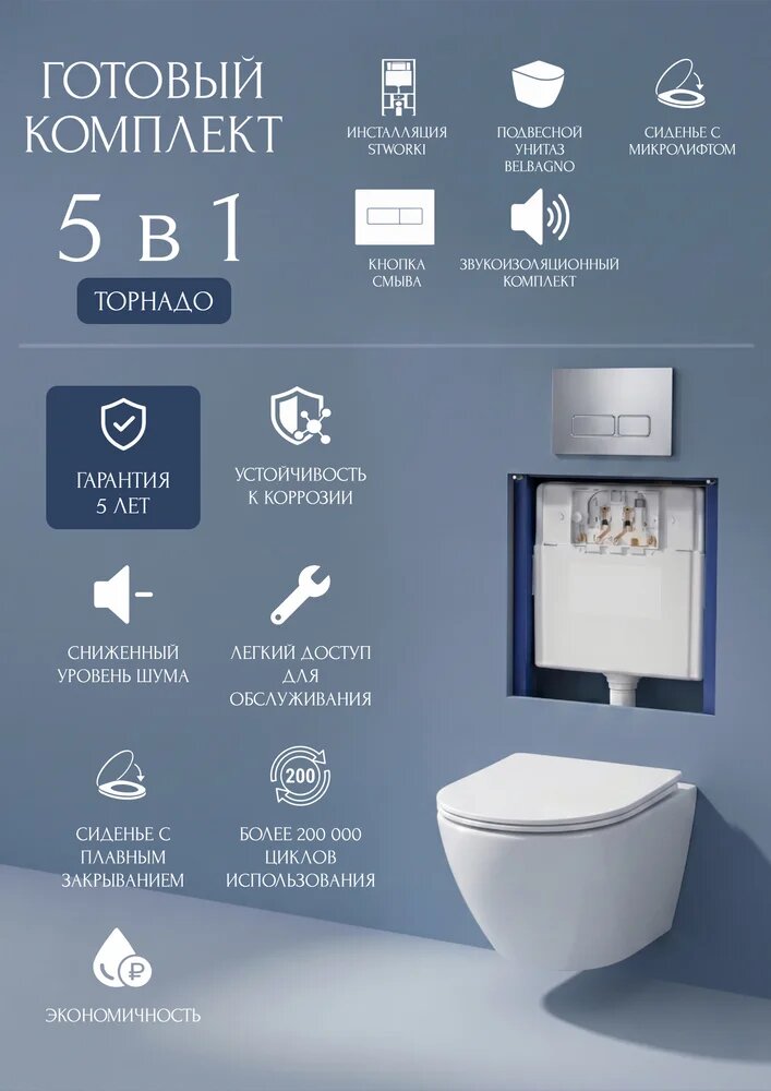 Комплект 5 в 1 Унитаз подвесной BelBagno Uno BB5177CH-TOR/SC / Инсталляция с кнопкой STWORKI Кронборг S28500CR / Крышка-сиденье, Комплект шумоизоляции