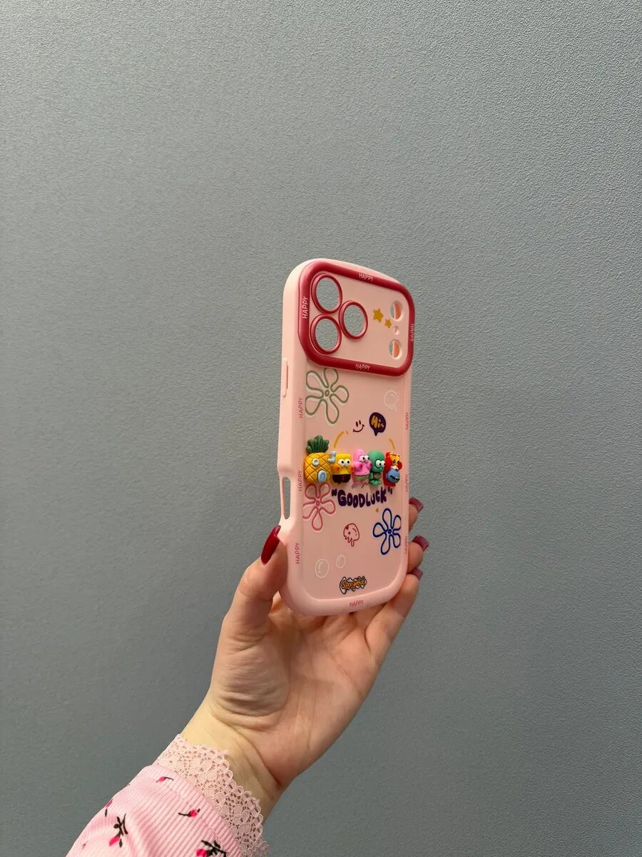 Чехол на Iphone 17 Pro Max, цвет розовый, принт "Спанч Боб". — фото 1