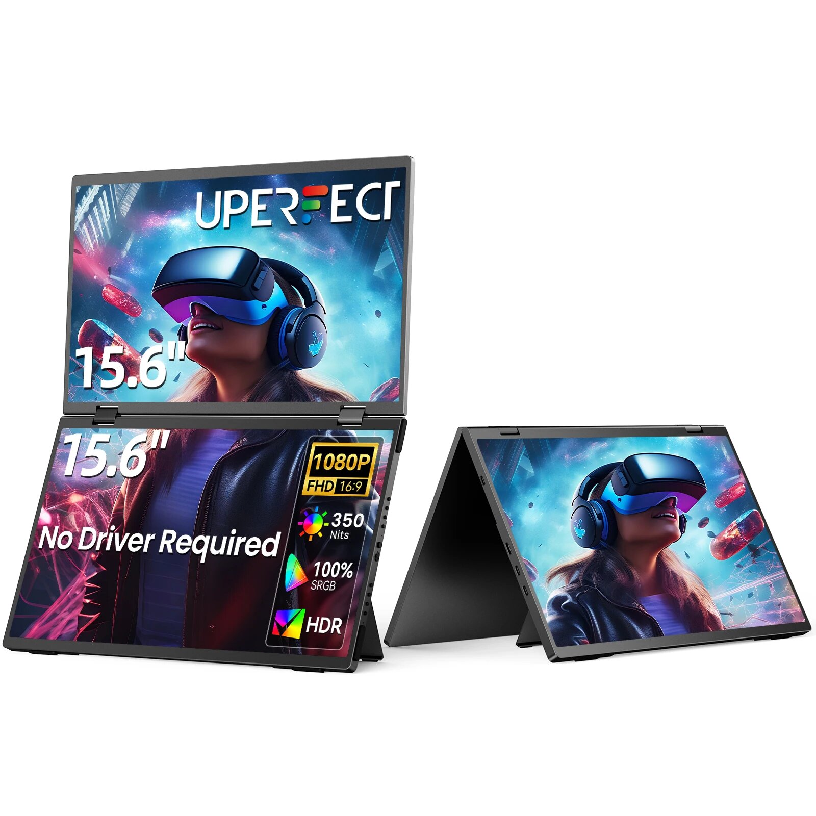 UPERFECT 15,6" Двойной портативный монитор для ноутбука, экстендер экрана IPS 1080P, 360° раз 접收起ый стопорный дисплей со стойкой HDMI USB-C