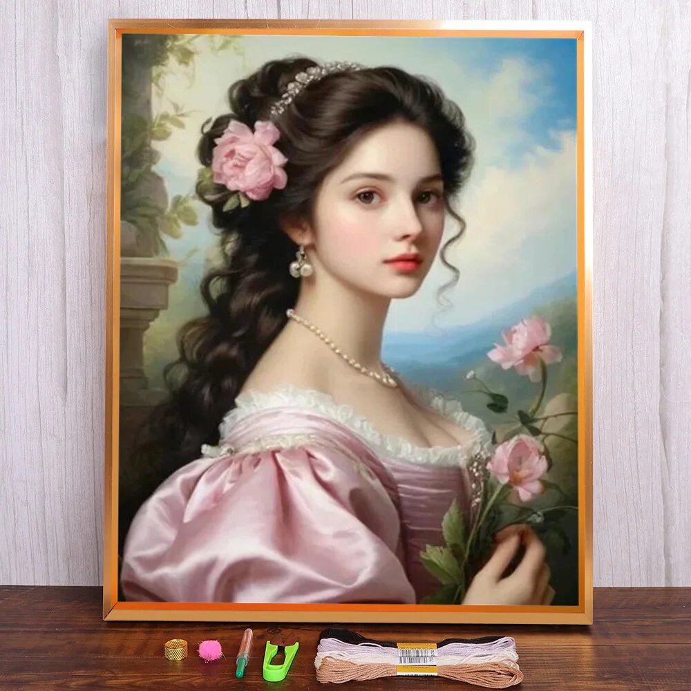 Набор для вышивки крестом "Портретная девушка с цветочной 50x70cm, HMA113597, 11CT Cotton Thread