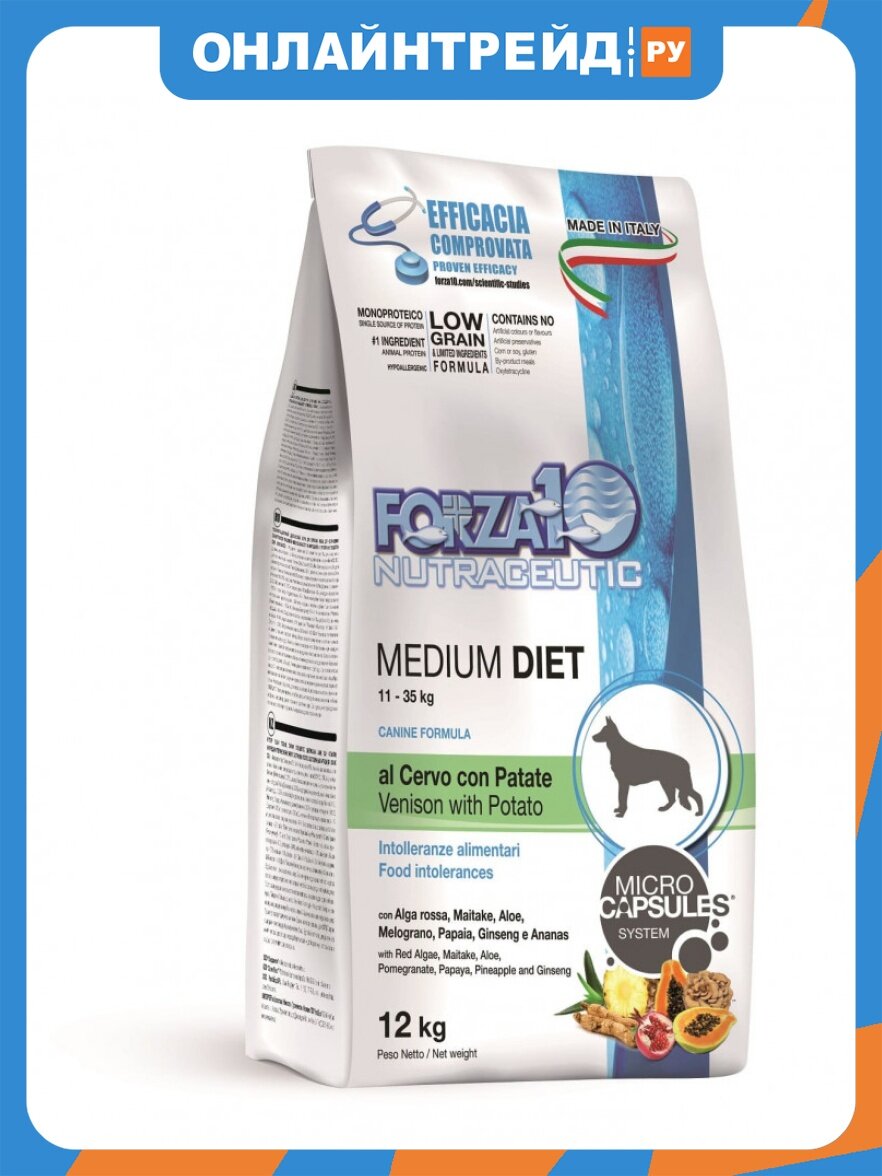Корм сухой FORZA10 MonoDiet Adult Medium для взрослых собак средних пород с олениной и картофелем, 12 кг