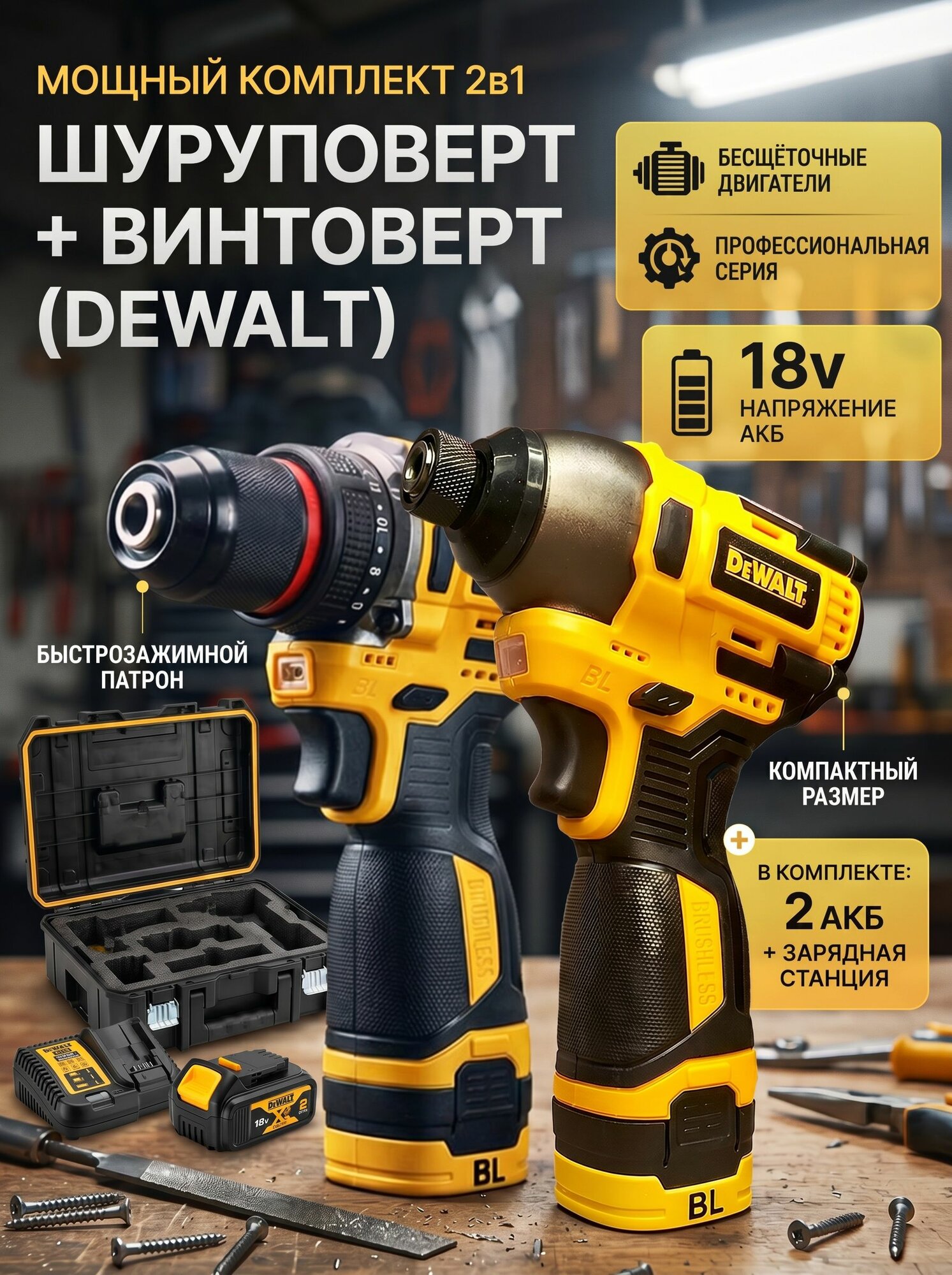 Аккумуляторный набор 2в1 шуруповерт винтоверт импакт