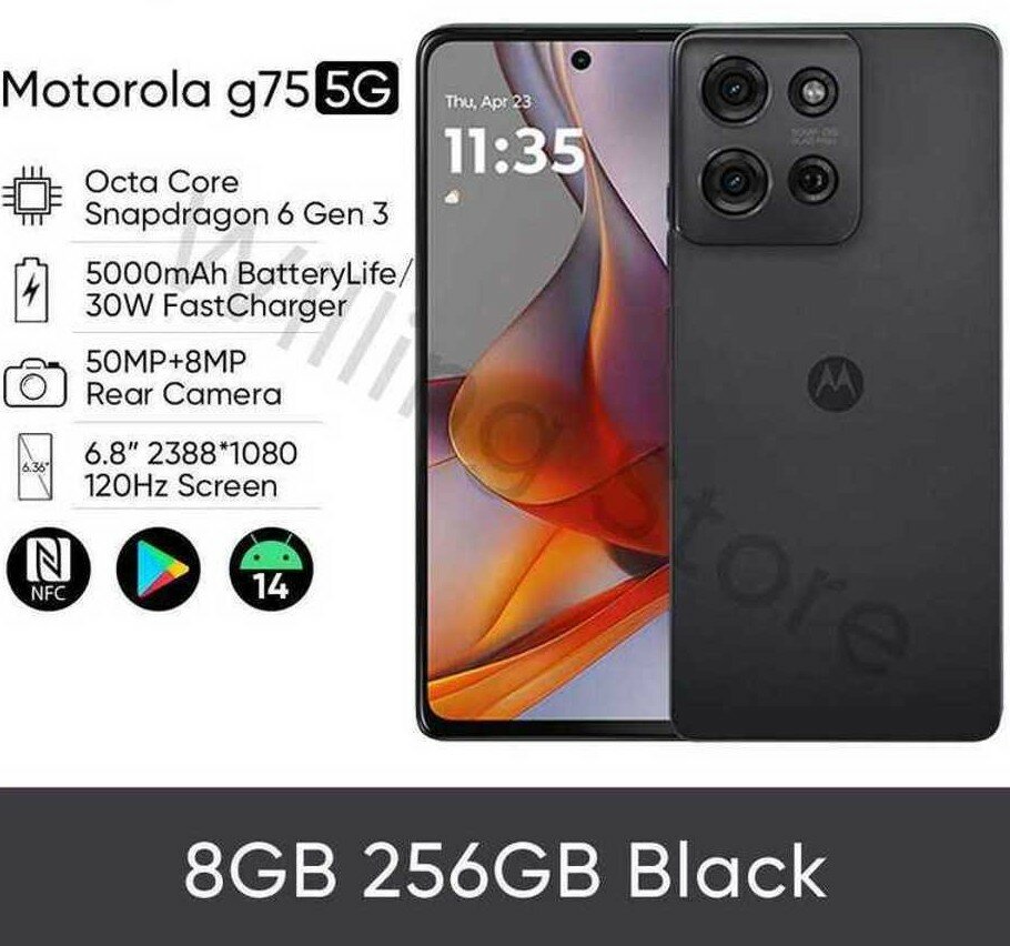 Смартфон Motorola Moto G75, 8/256 ГБ, Snapdragon 6 Gen 3, 120Гц, черный.