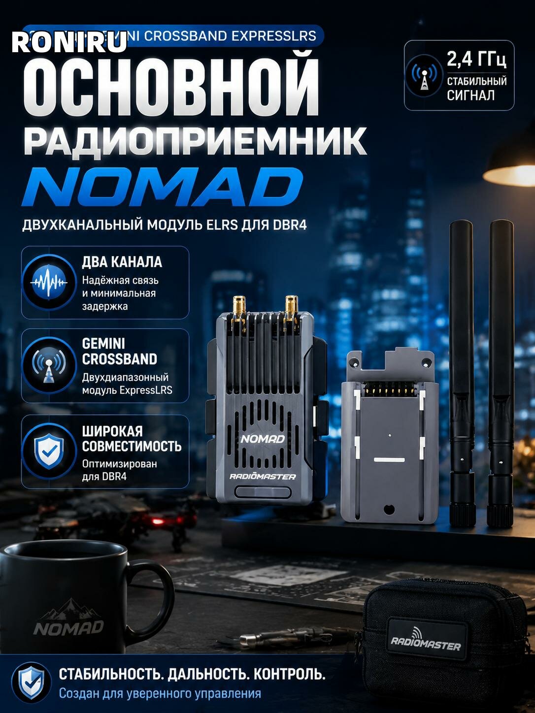 Основной радиоприемник Nomad двухканальный 2,4 ГГц, Gemini Xrossband ExpressLRS — двухдиапазонный модуль ELRS для DBR4