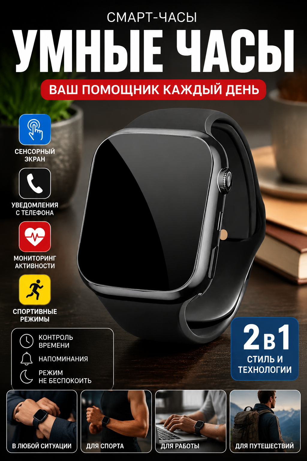 Смарт-часы черные с квадратным экраном трекер для спорта и повседневного использования