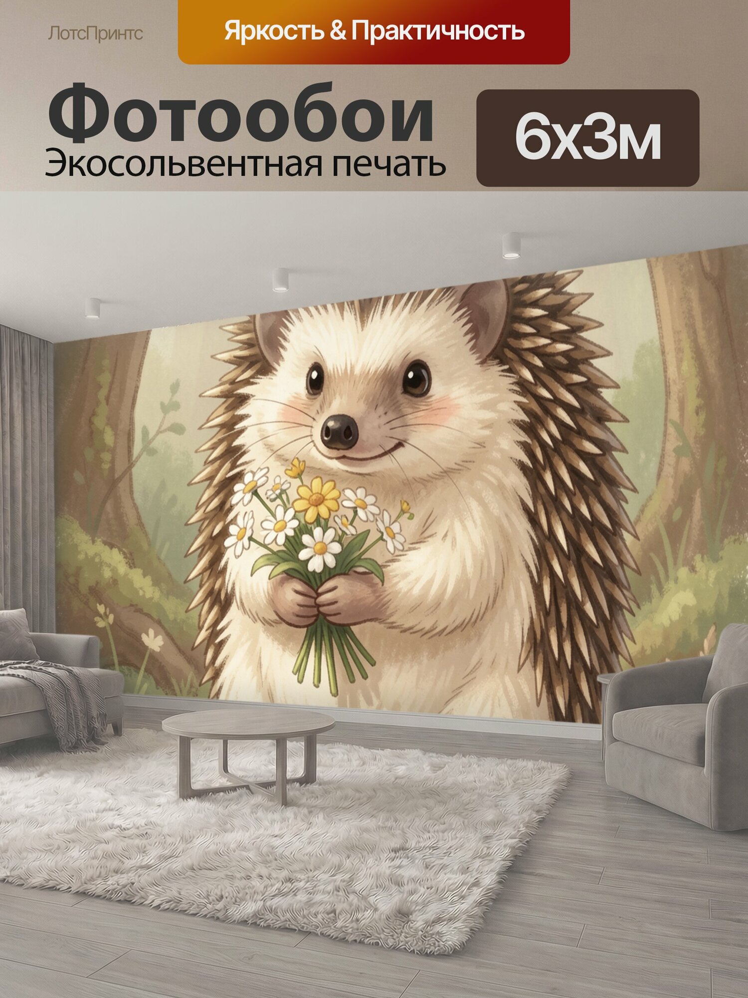 Фотообои "Ежик с букетом ромашек. Милый лесной зверек в мягкой акварельной иллюстрации держит полевые цветы, вокруг теплые зеленые оттенки." 600x300 см. экосольвентная печать