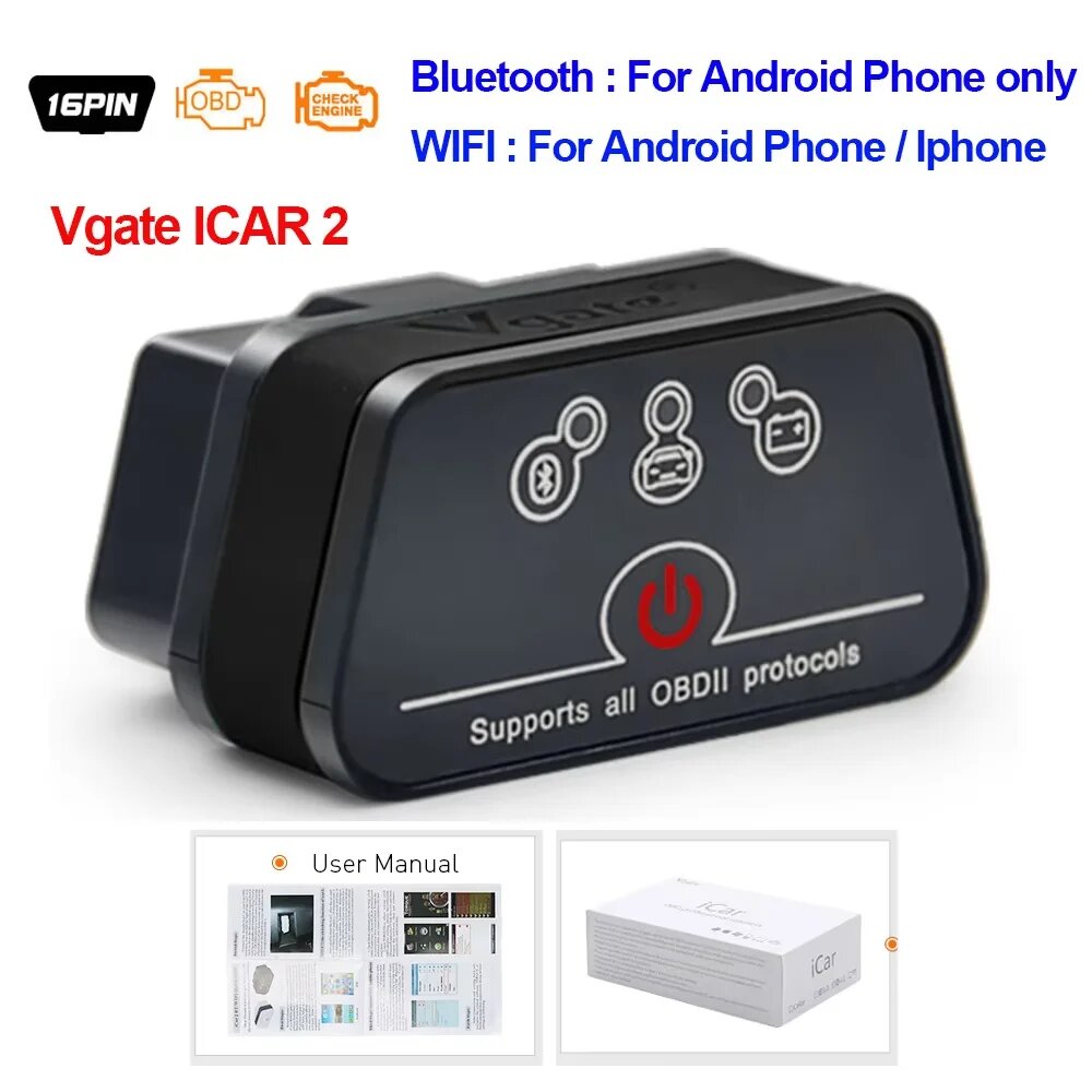 2026 Vgate iCar2 OBD2 сканер с Bluetooth/Wi-Fi, инструмент для диагностики BT3.0 -Android, black