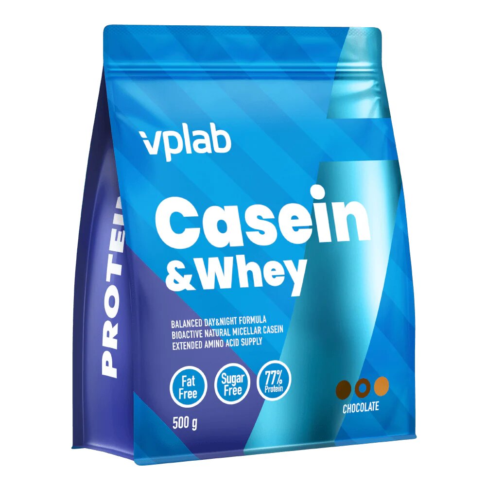VPLAB Casein & Whey, Казеин + протеин сывороточный, порошок 500 г со вкусом шоколада
