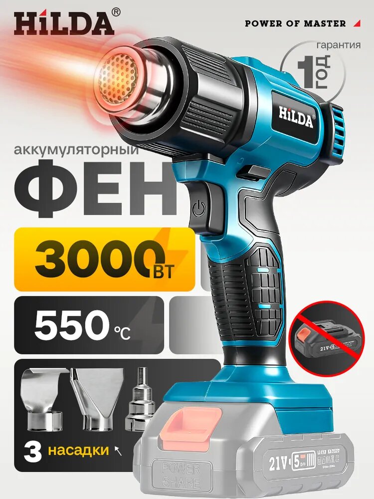 Строительный фен для волос, 3 насадки (550 С, 500 л/мин, резиновая рукоять) "Без батареи"