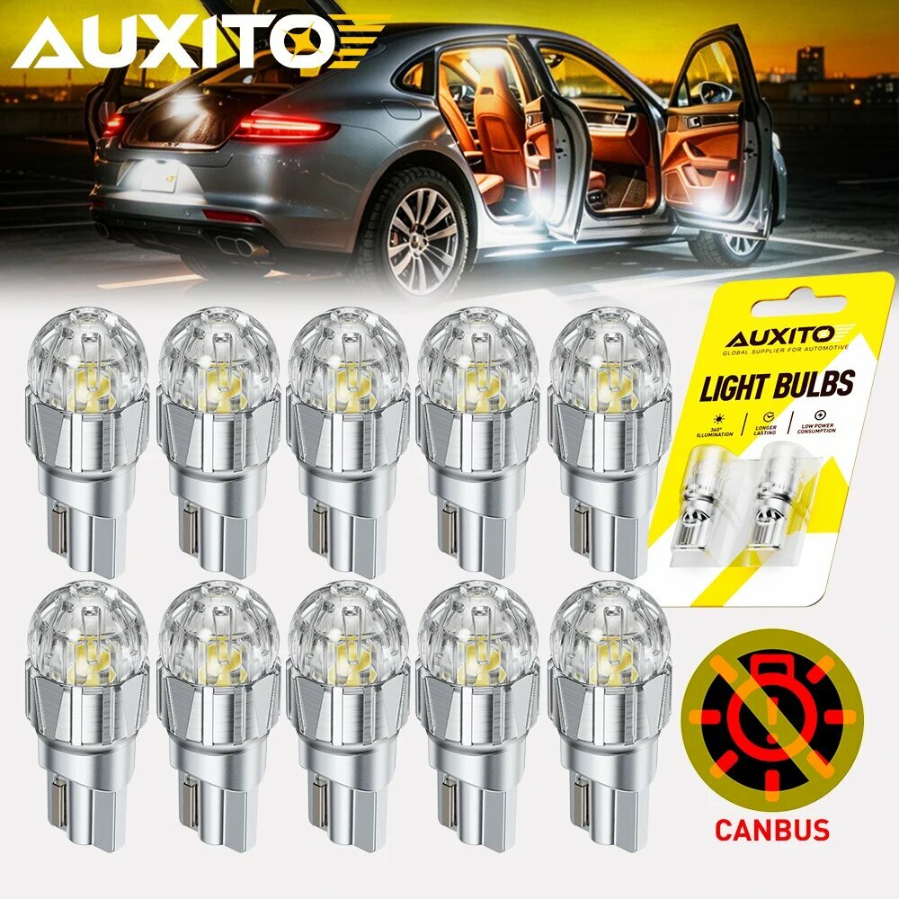10/2 шт. AUXITO T10 W5W LED Canbus 6500K Белые светодиодные лампы для салона автомобиля: подсветка карты, локерхолдеров, чтения, потолочные светильники, габаритные огни, 12В, 2026 Новинка