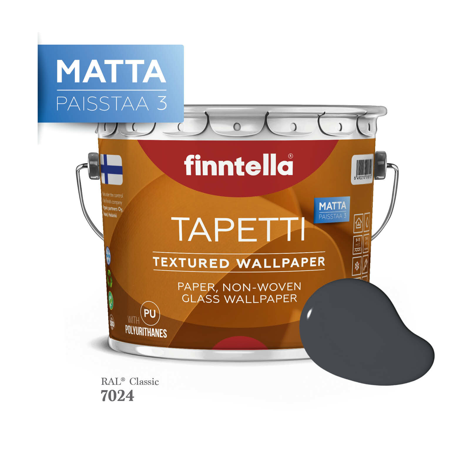 Матовая краска для обоев под окраску TAPETTI Matta FINNTELLA, Цвет RAL 7024 Графитовый серый (Graphite grey), 2,7л