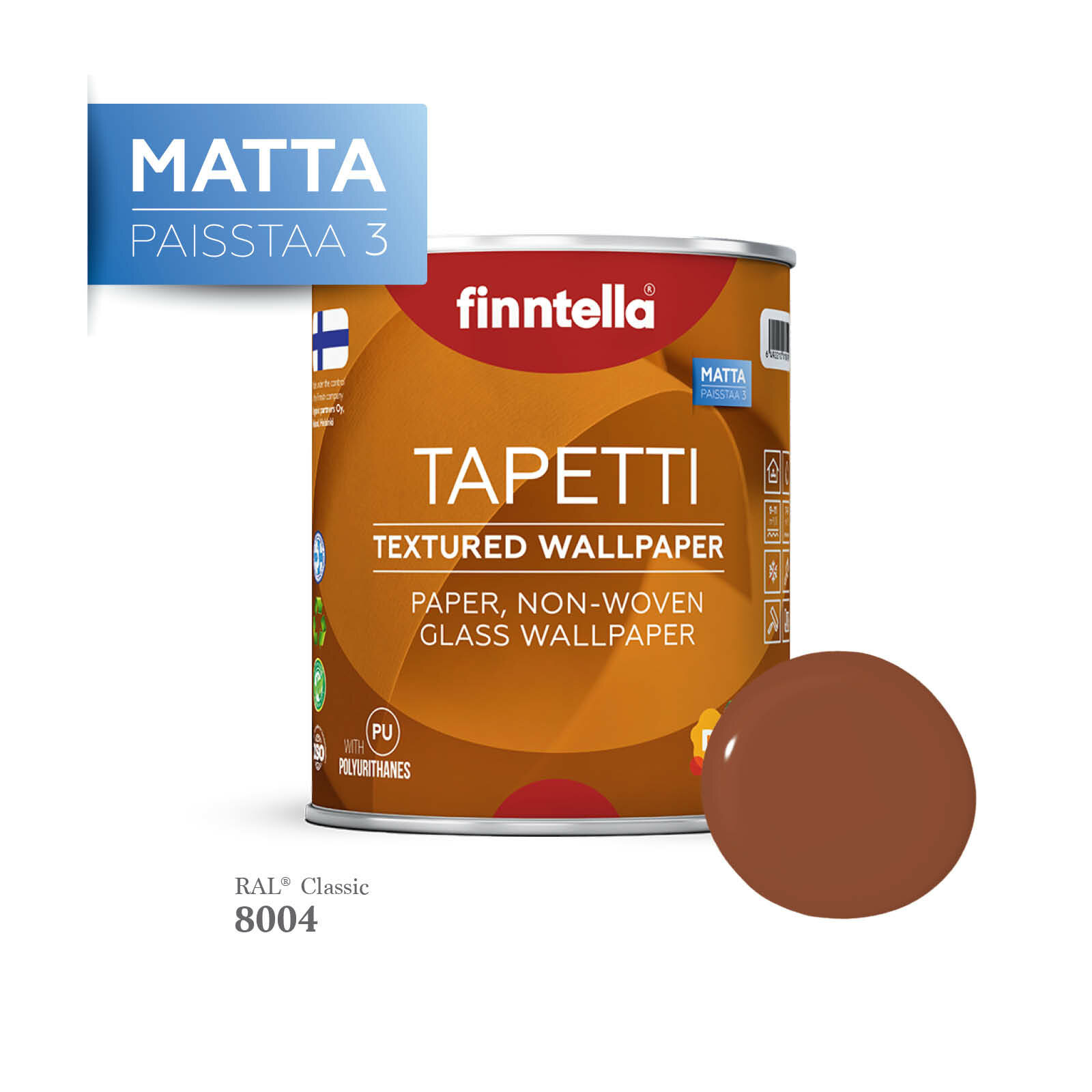 Матовая краска для обоев под окраску TAPETTI Matta FINNTELLA, Цвет RAL 8004 Медно-коричневый (Copper brown), 0,9л