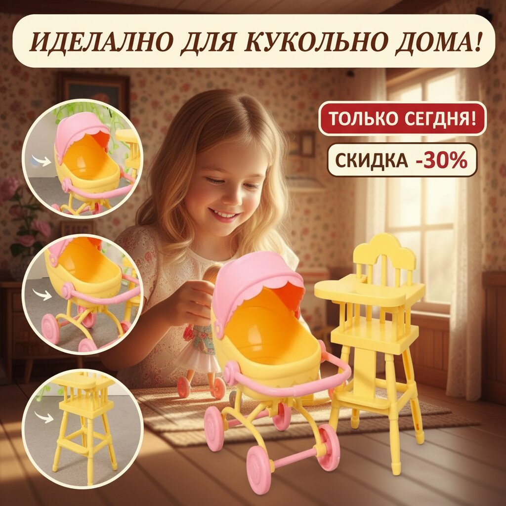 Эксклюзивная коляска для кукольных прогулок с эргономичным дизайном, габариты 9.20x7.30x6.10 см
