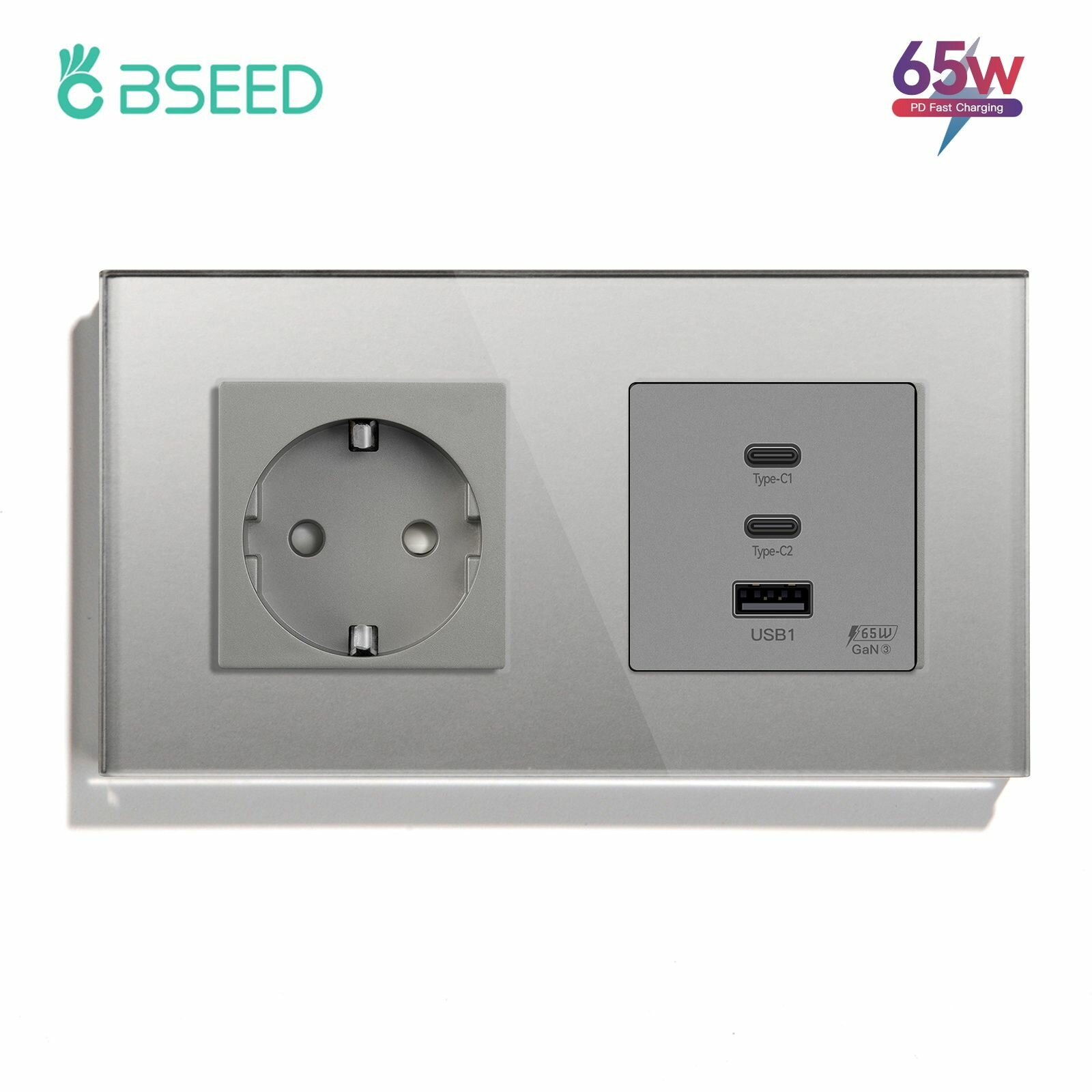 Розетка электрическая двойная с USB и type-C быстрая зарядка 65W и розеткой EU 220V, рамка закаленное стекло