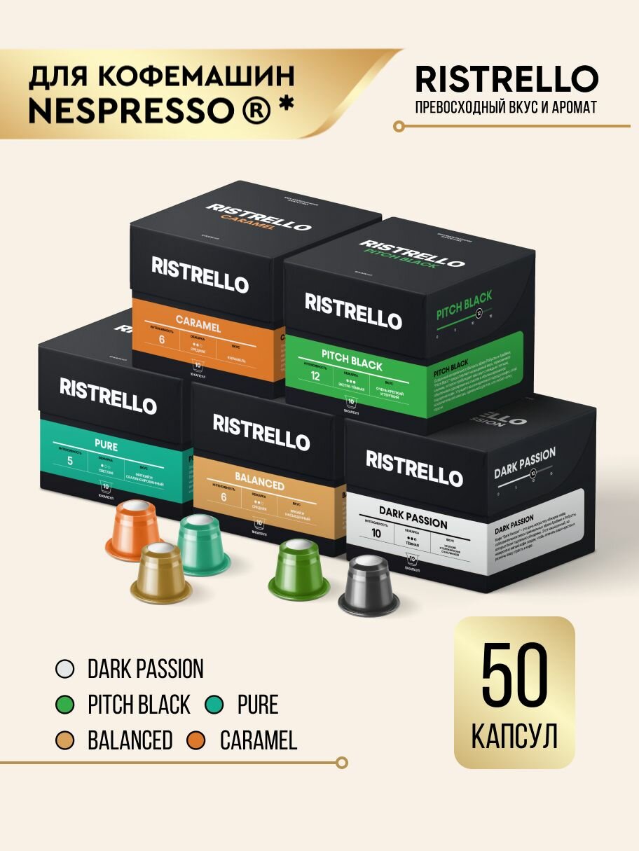 Кофе в капсулах набор Ristrello Starter Pack для кофемашины Nespresso Арабика Робуста разной степени обжарки 5 вкусов 50 капсул Интенсивность 5,6,10,12 капсулы для кофемашин ассорти крепкий кофе